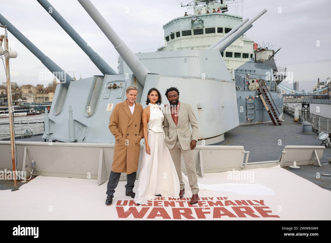 Cary Elwes, from left, Eiza Gonzalez and Babs Olusanmokun pose for ...