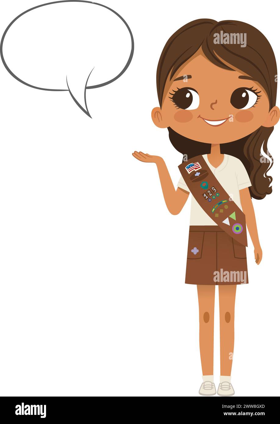 Smiling African American girl scout wearing sash with badges isolated ...