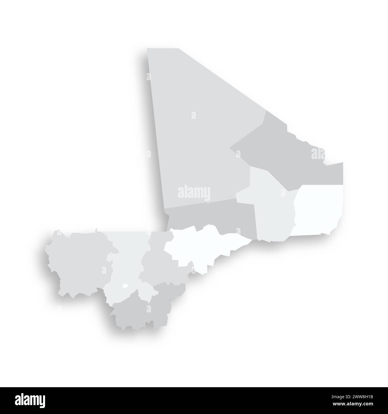 Mali political map of administrative divisions - regions and capital district of Bamako. Grey ...