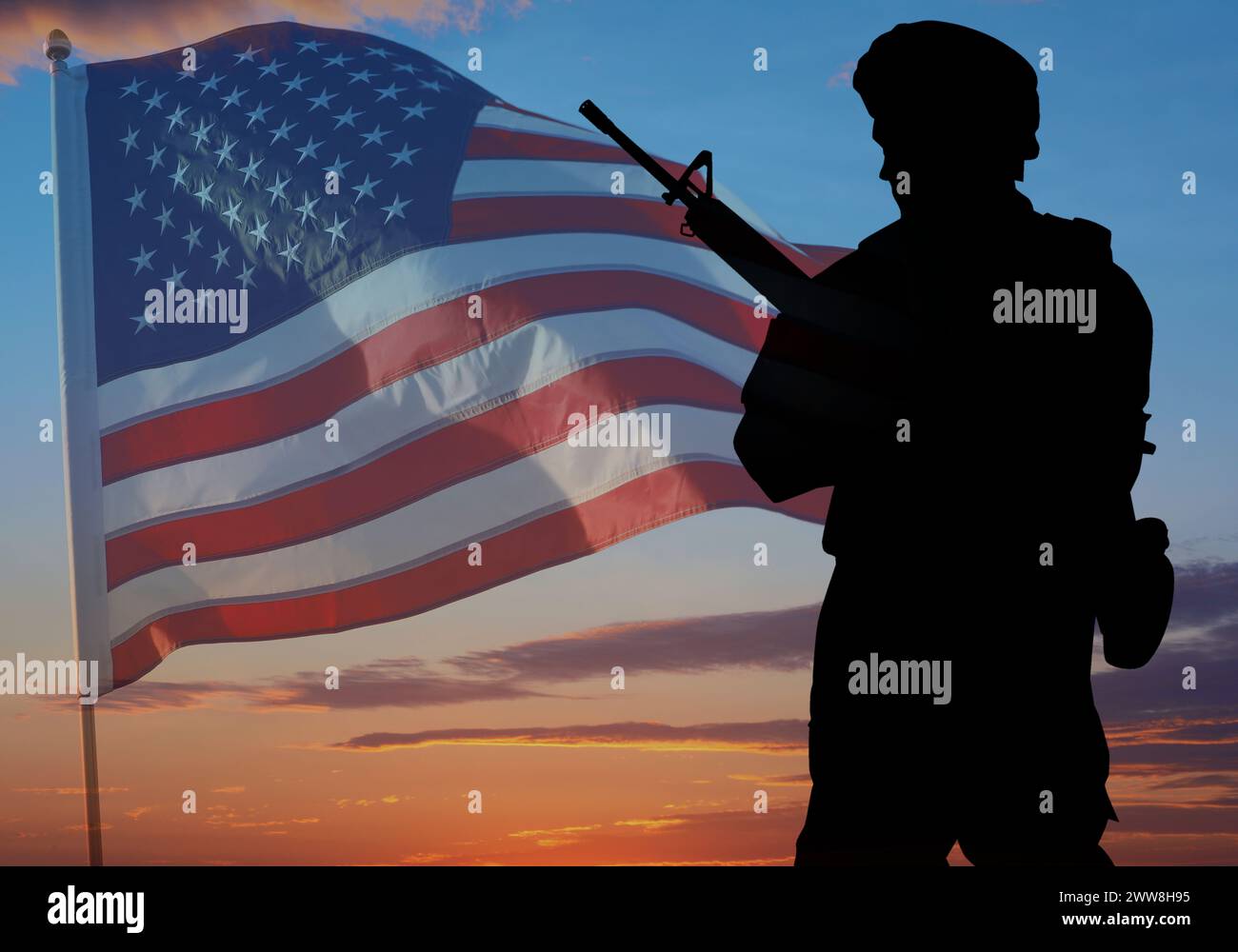 Veterans Day. Silhouette of military man on sunset outdoors and flag of ...