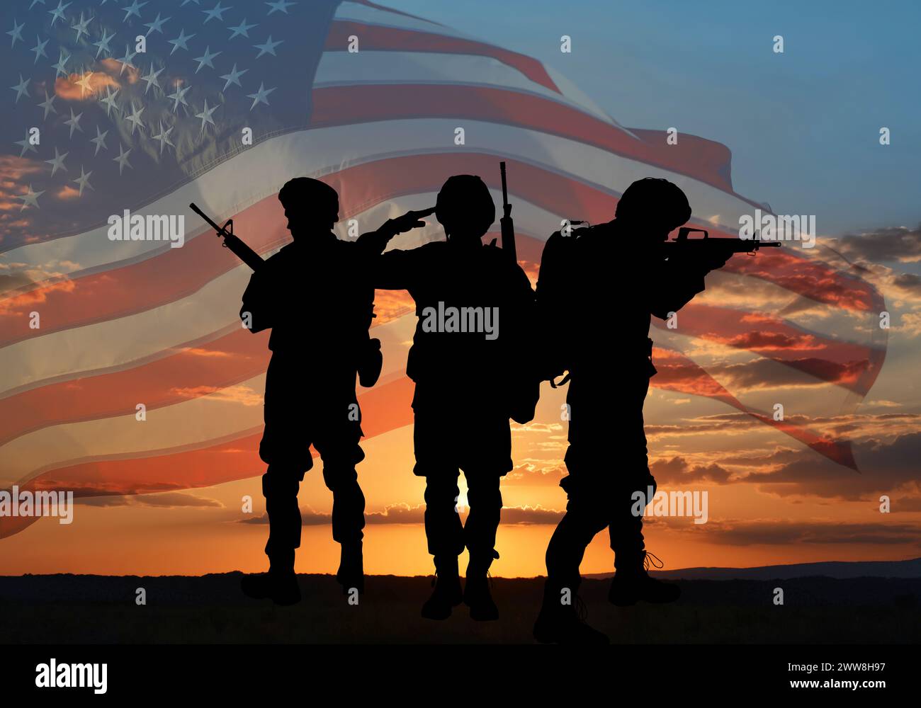 Veterans Day. Silhouettes of military men on sunset outdoors and flag ...