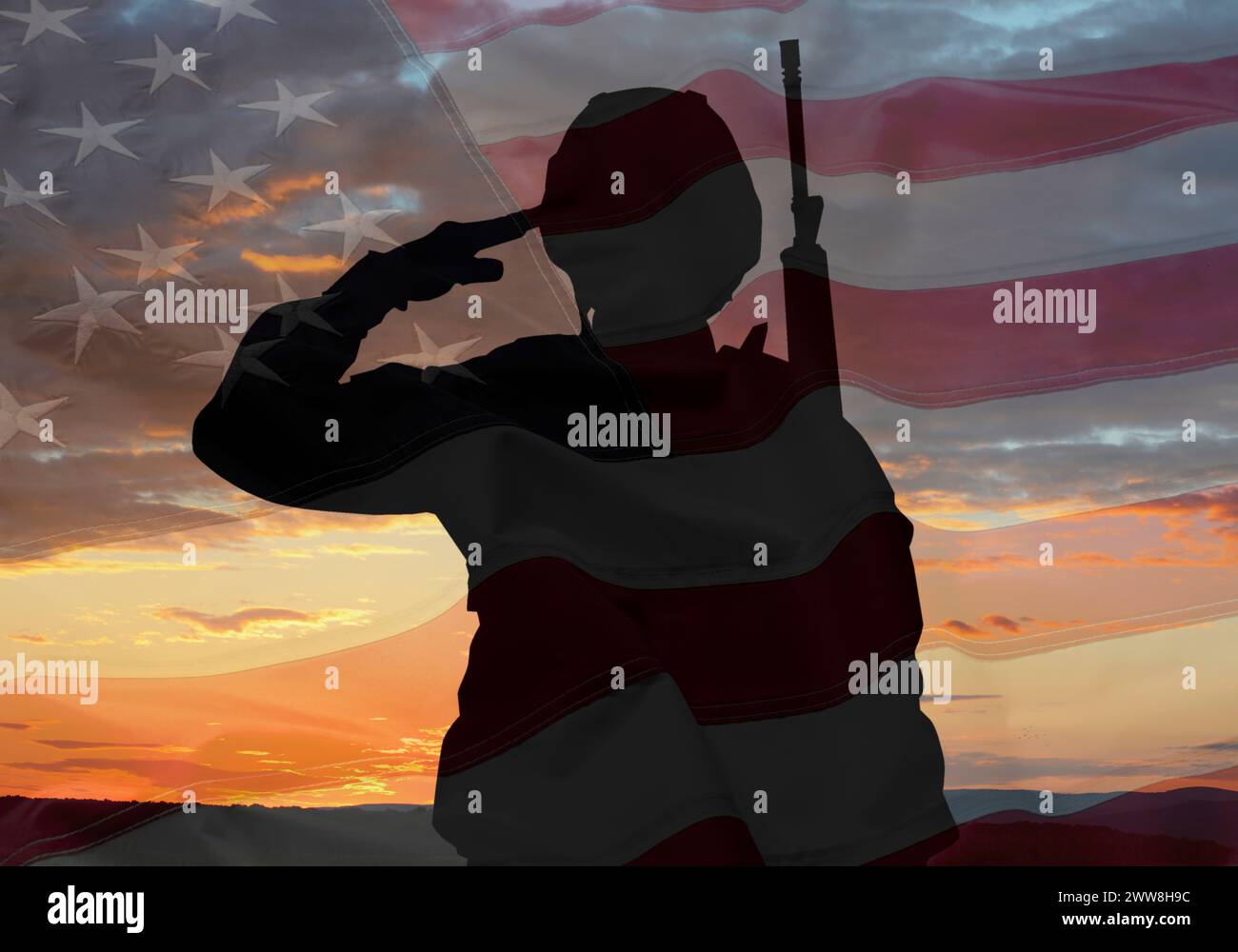 Veterans Day. Silhouette of military man on sunset outdoors and flag of ...