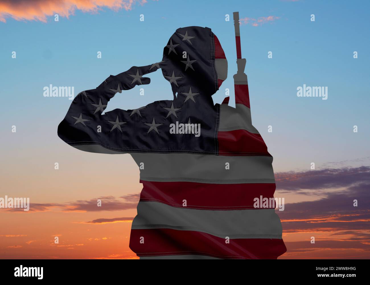 Veterans Day. Military man on sunset outdoors and flag of USA, double ...