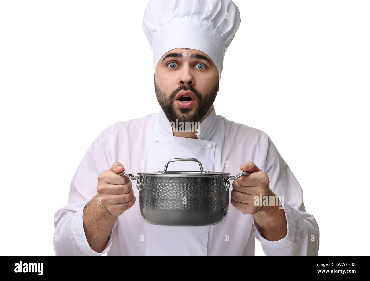 Surprised young chef in uniform holding cooking pot on white background ...