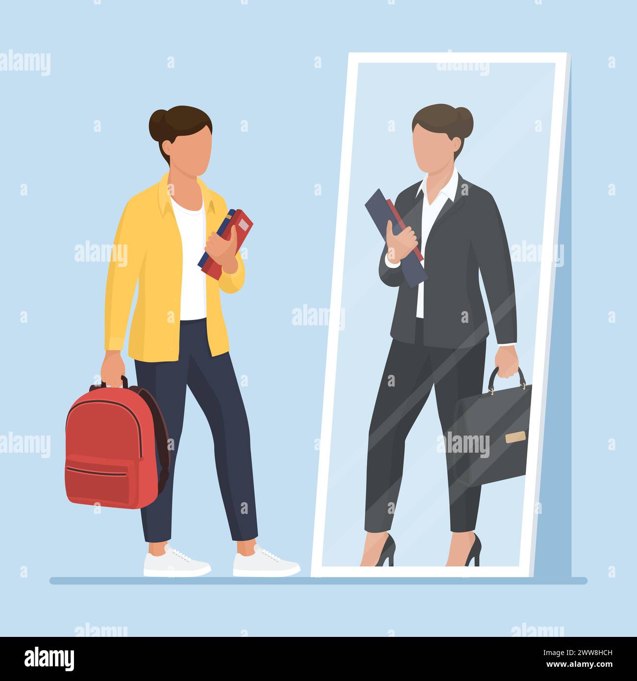 Confident female student looking at the mirror and seeing herself as a ...