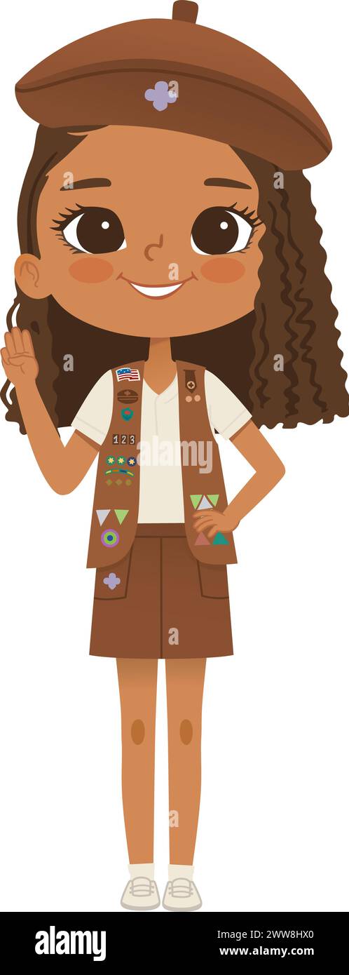 Smiling African American girl scout wearing sash with badges isolated ...