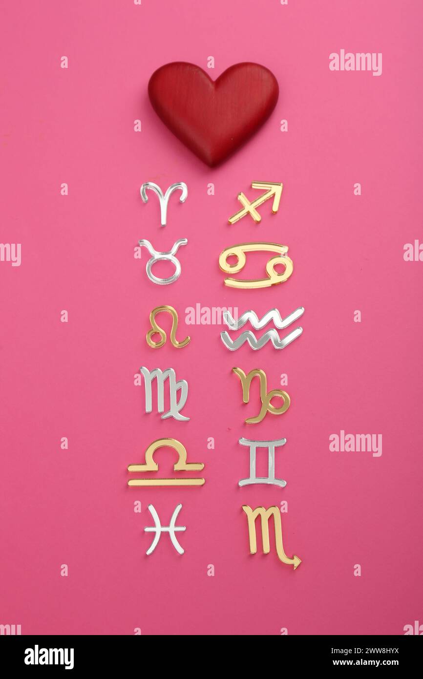 Zodiac compatibility. Signs with red heart on pink background, flat lay ...