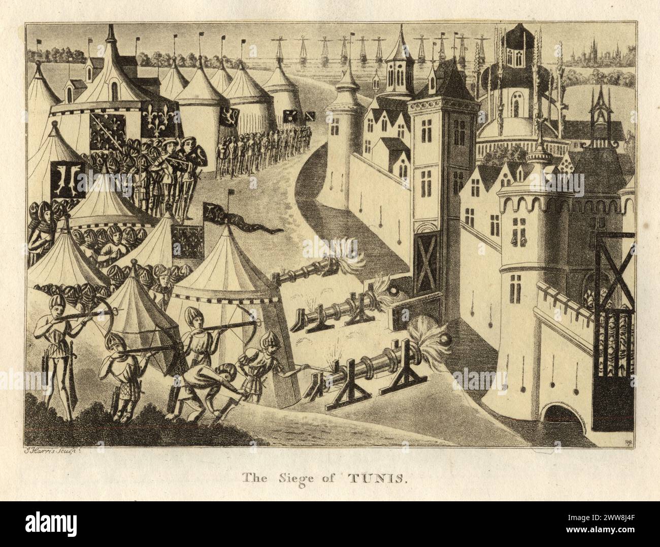 Vintage engraving of Barbary Crusade, Siege of Mahdia, Tunis, 1390. The ...