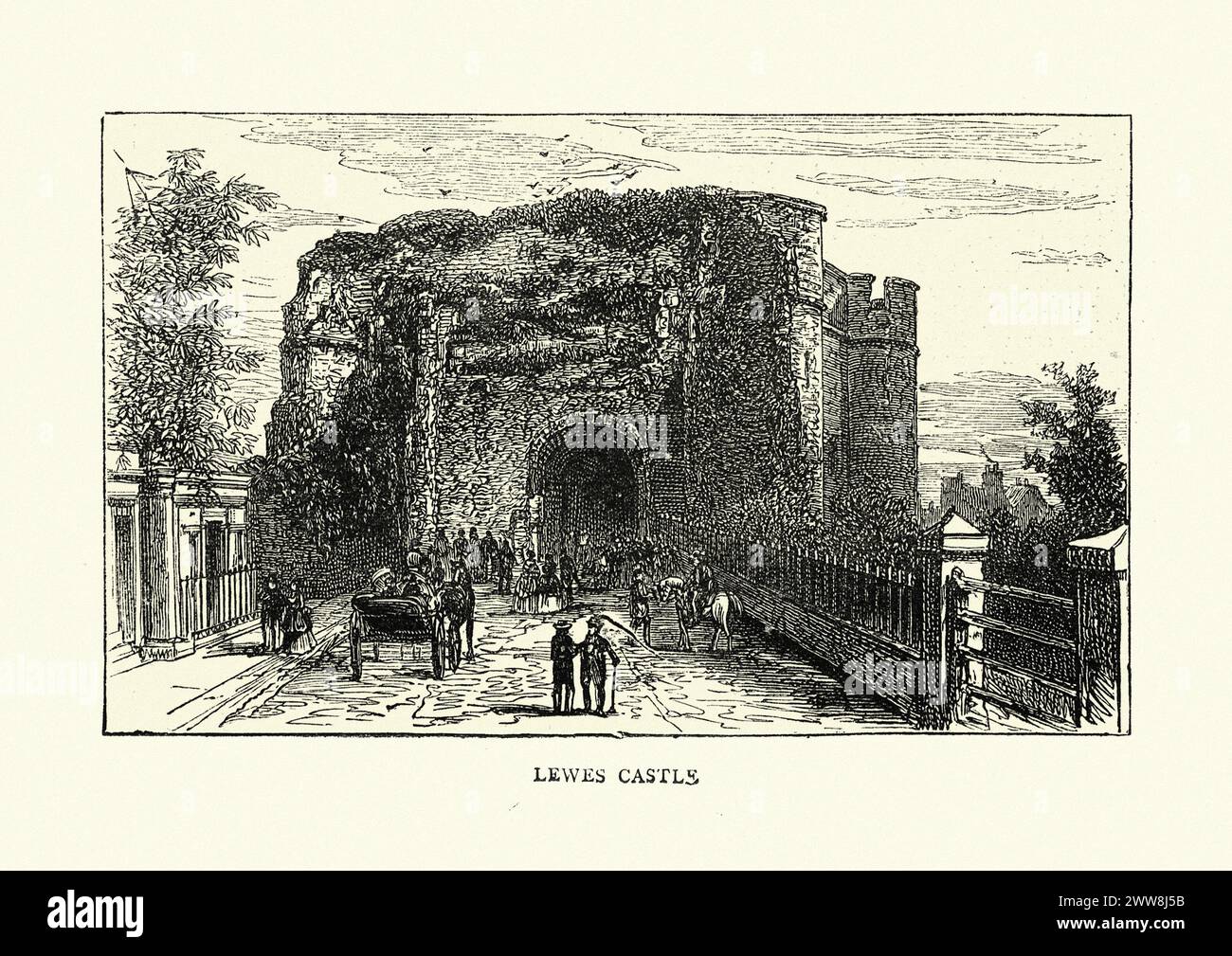Vintage engraving of a View of Lewes Castle, 1870s, 19th Cemtury. Lewes ...