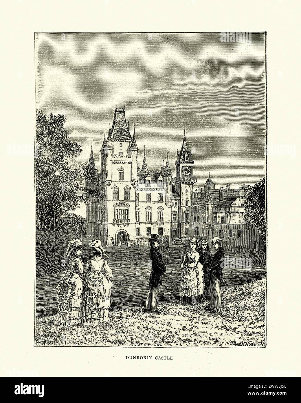 Vintage engraving of Dunrobin Castle stately home in Sutherland, in the ...