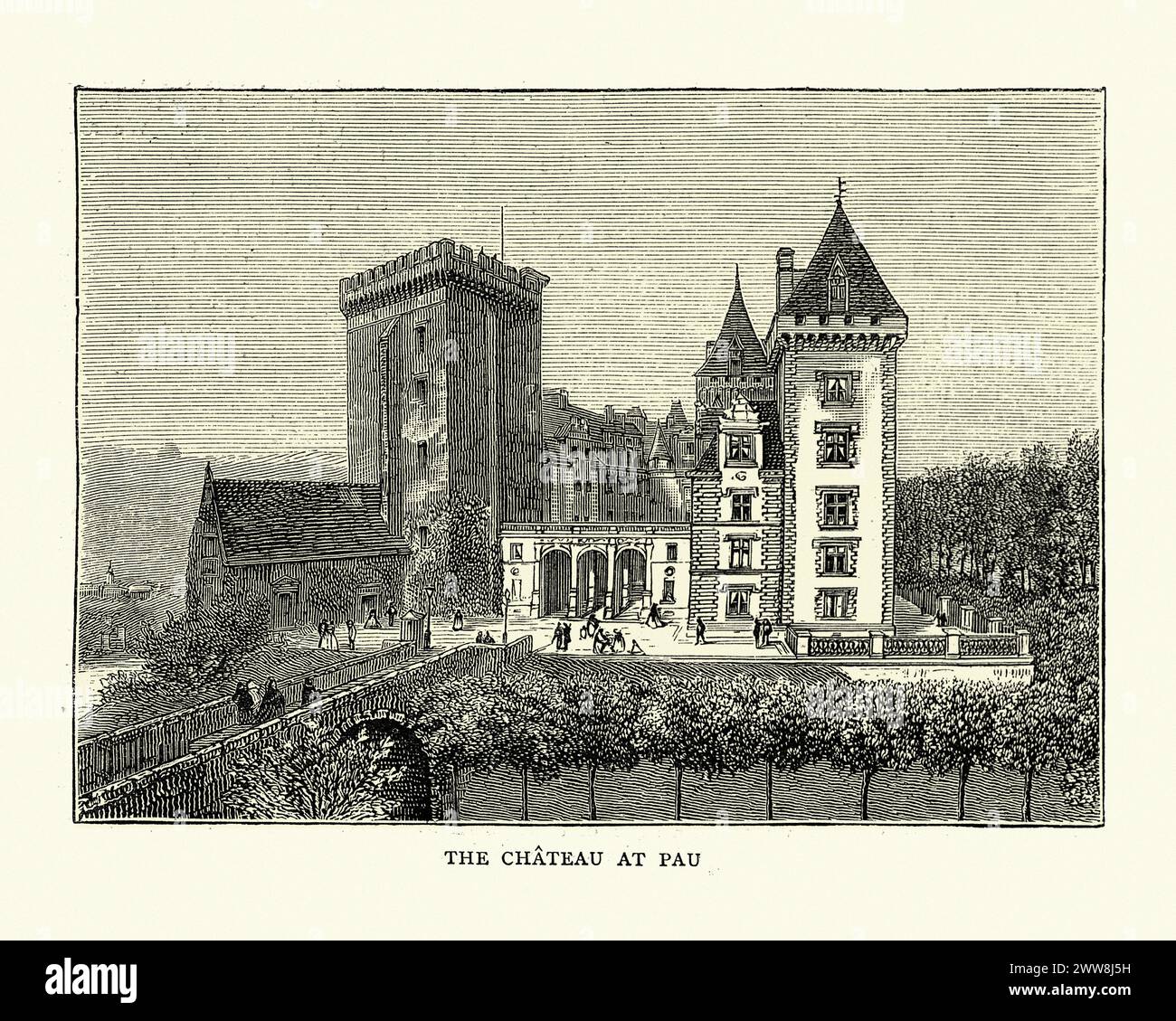 Vintage engraving of Chateau at Pau, France, 19th Century. A castle in ...