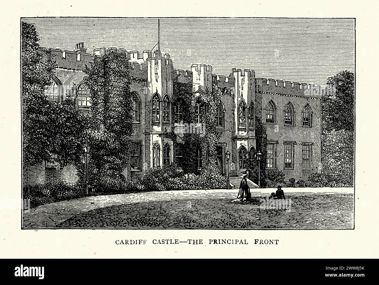 Vintage illustration of Cardiff Castle, The Principal front, 1870s ...
