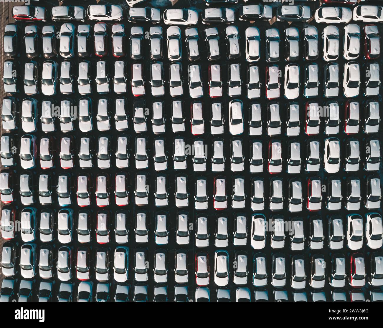 Aerial top down view of new cars parked in car parking lot. Car dealer ...