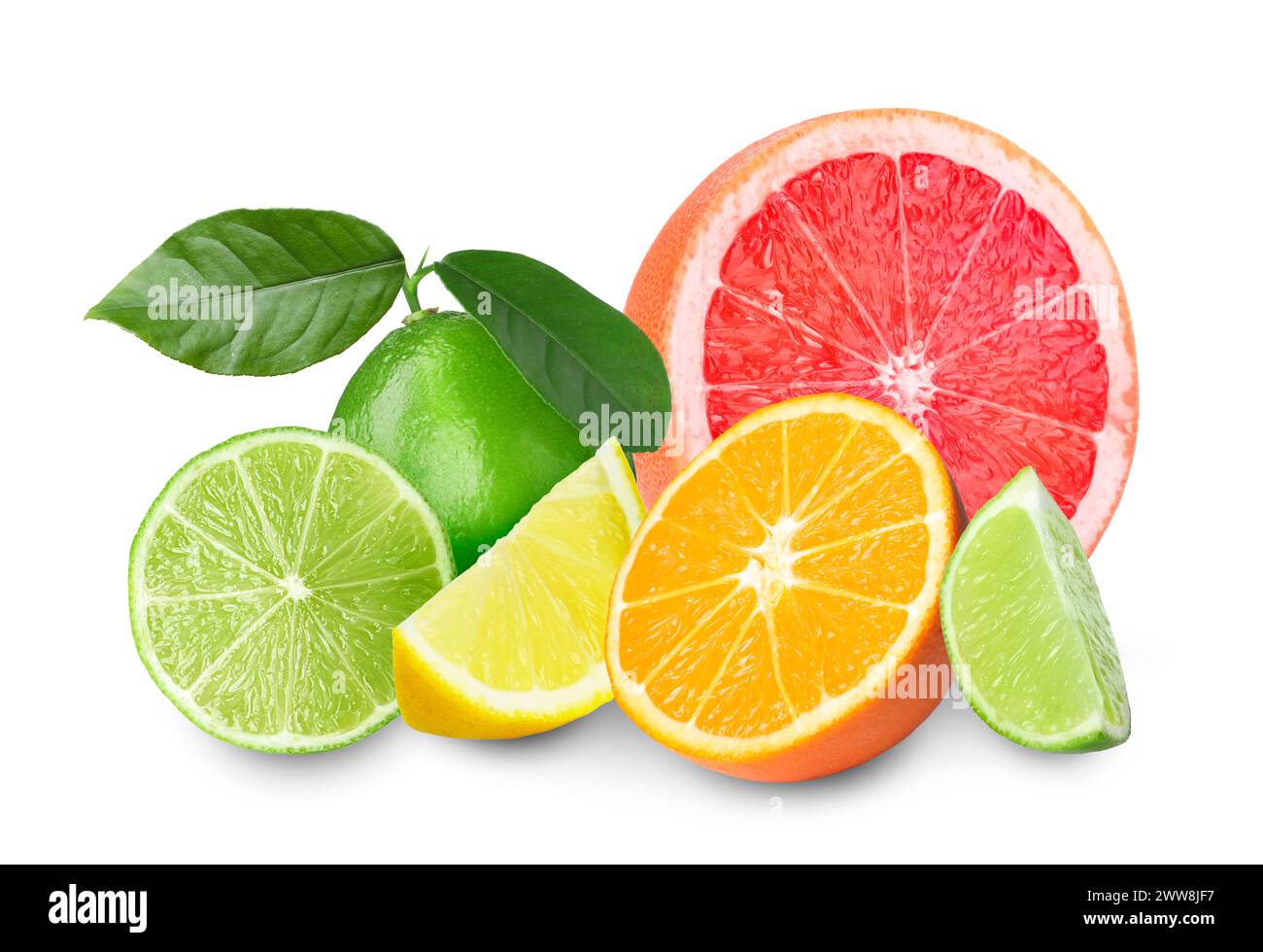 Citrus fruits. Fresh grapefruit, orange, limes and lemon on white ...