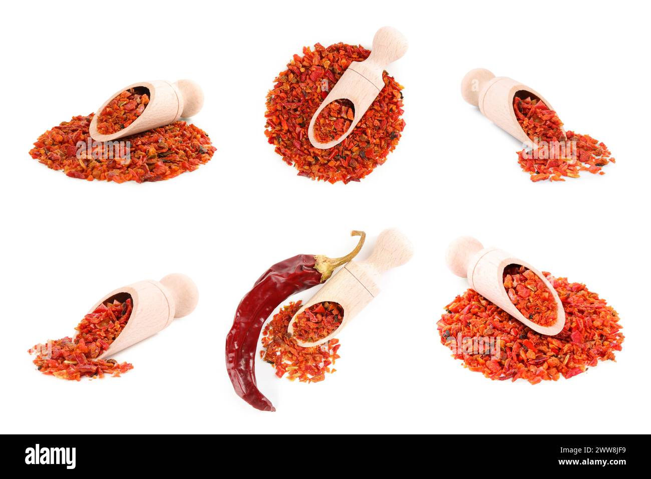 Aromatic spices. Red chili pepper flakes on white background, set Stock ...