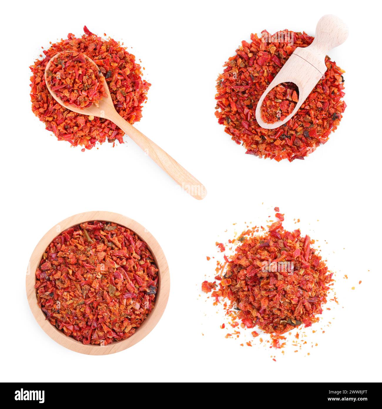 Aromatic spices. Red chili pepper flakes on white background, top view ...