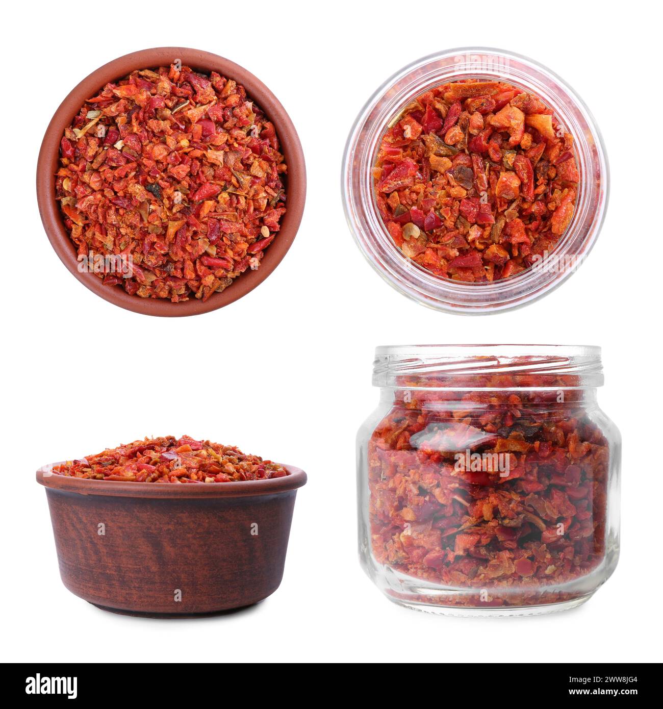Aromatic spices. Red chili pepper flakes in bowls and glass jar on ...