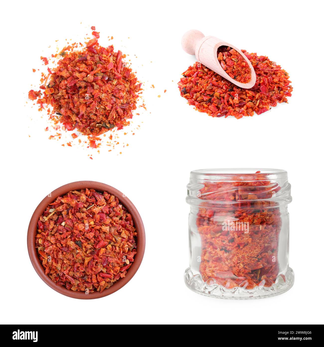 Aromatic spices. Red chili pepper flakes on white background, set Stock ...