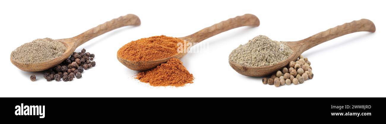 Aromatic spices. Different types of ground pepper in spoons and ...