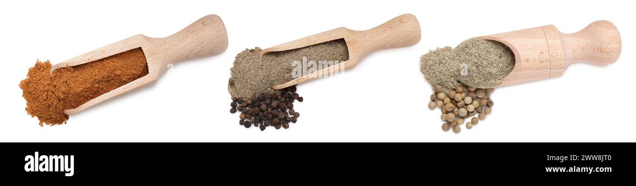 Aromatic spices. Different types of ground pepper in scoops and ...