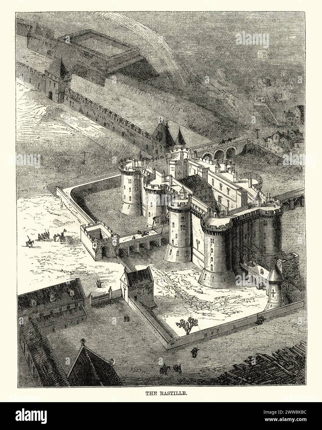 Vintage engraving of the Bastille, was a fortress in Paris. It was ...