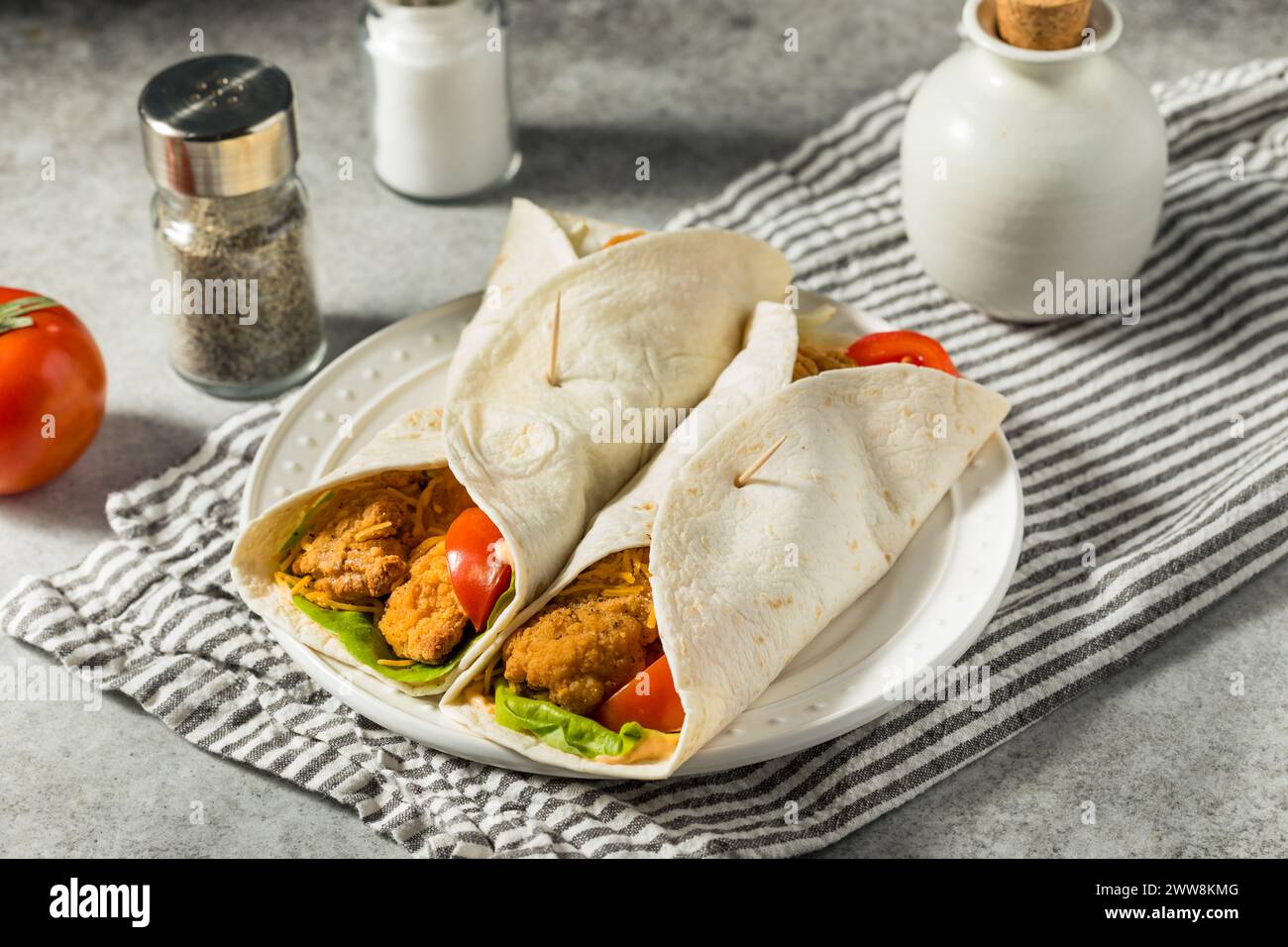 Healthy Homemade Fried Chicken Wrap with Tomato and Lettuce Stock Photo ...