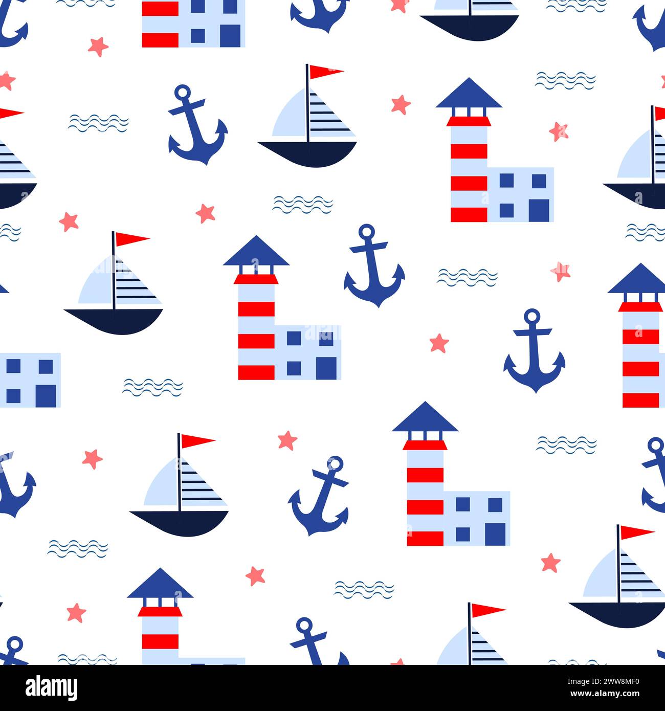 seamless marine pattern with anchor, lighthouse and ship Stock Vector ...