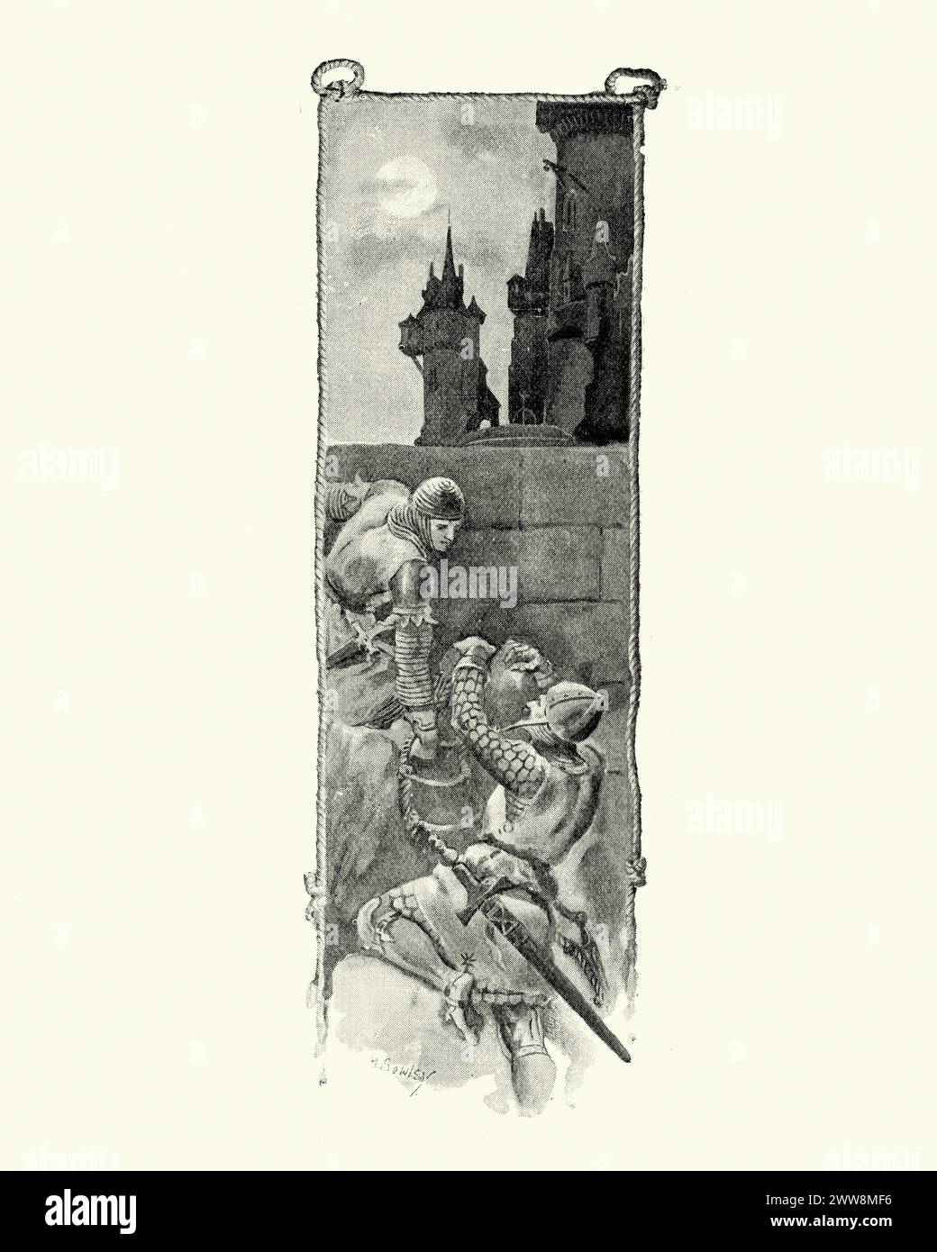 Vintage engraving of Knights climbing the ramparts of a castle Stock ...