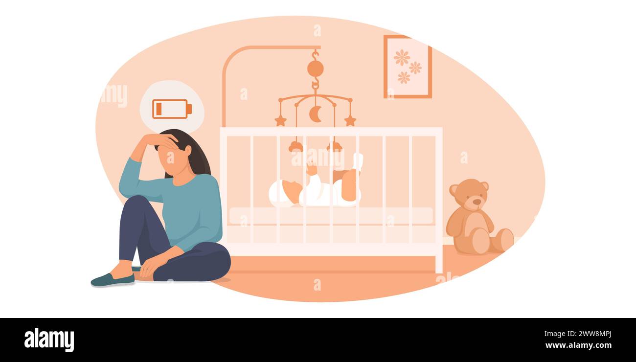 Exhausted sad mother sitting next to her baby's bed, she is suffering ...