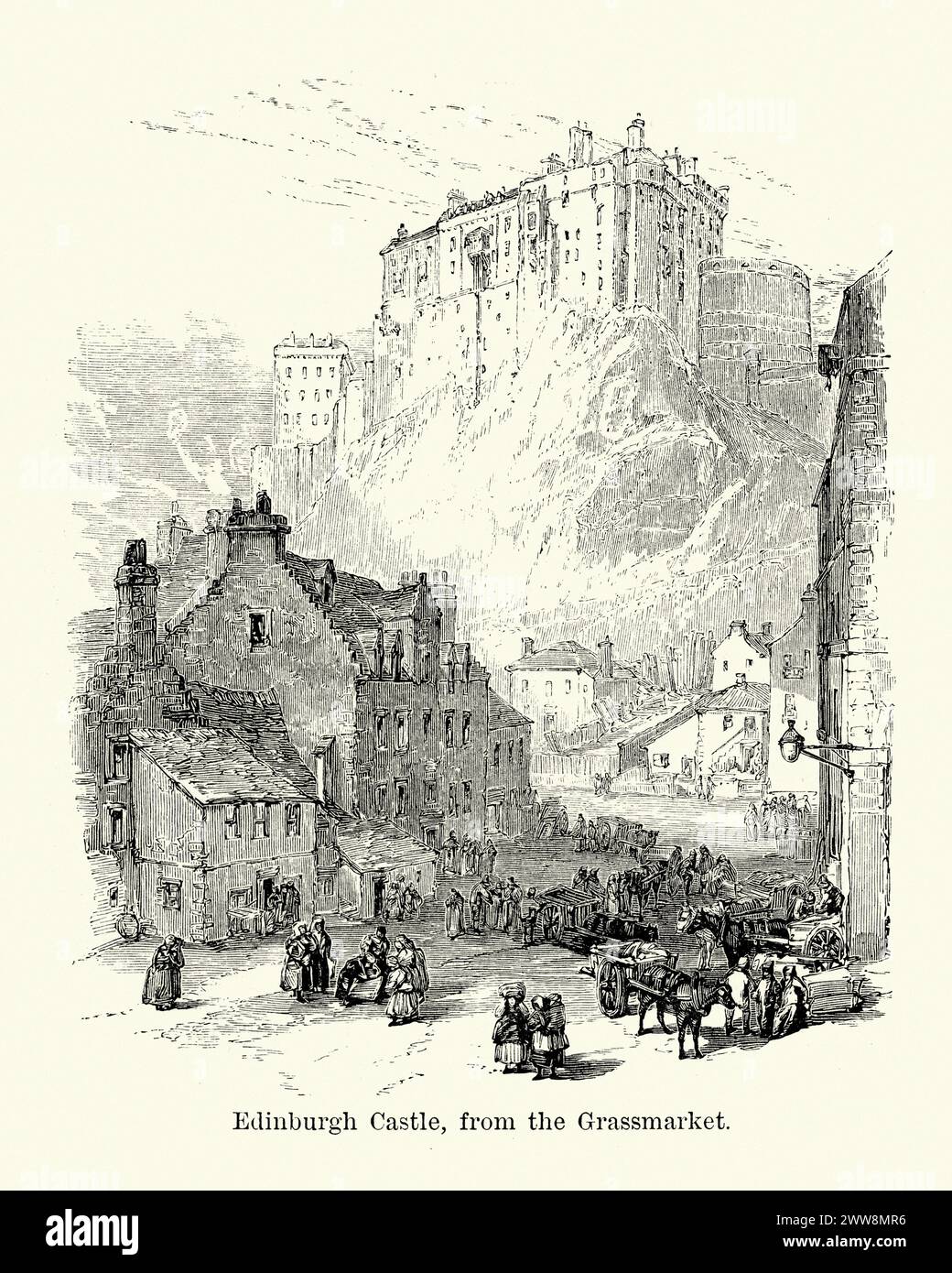 Vintage engraving of Edinburgh Castle from the Grassmarket. 1884 Stock ...