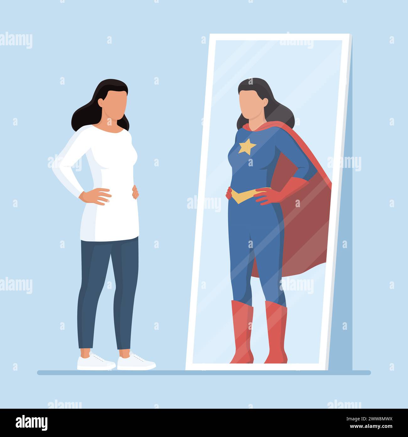 Confident woman looking at a mirror and seeing herself as a superhero ...