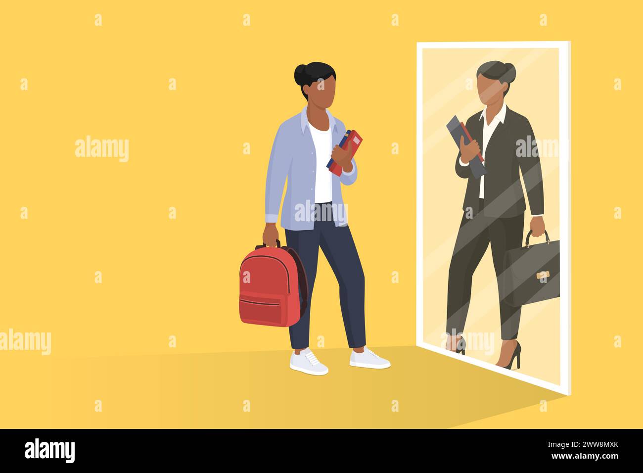 Confident female student looking at the mirror and seeing herself as a ...