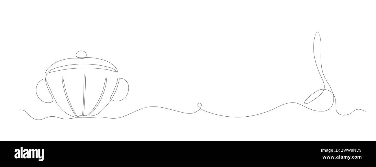Continuous line hand drawing hot soup pot, ladle banner. Vector poster ...