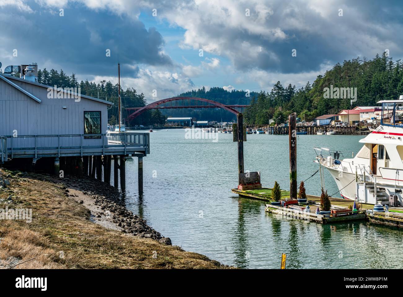 A view of the Rainbow Bridge and Swinomish Channel in La Conner ...
