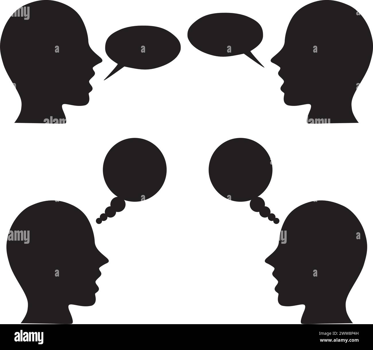 Profiles of human heads facing each other with speech and thinking ...