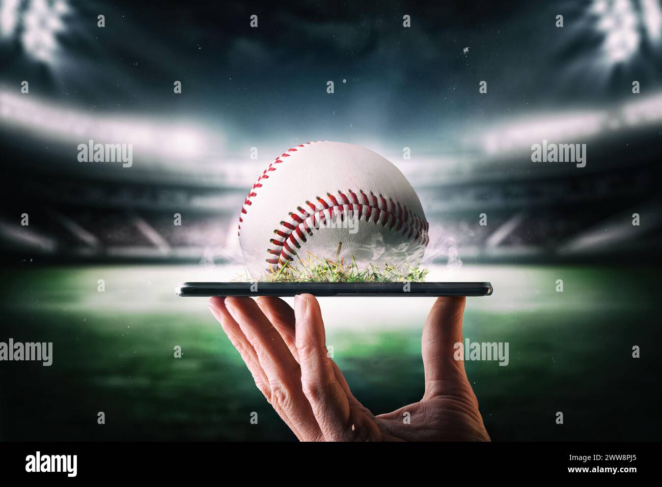 Concept of live online broadcast of baseball championship with hand ...