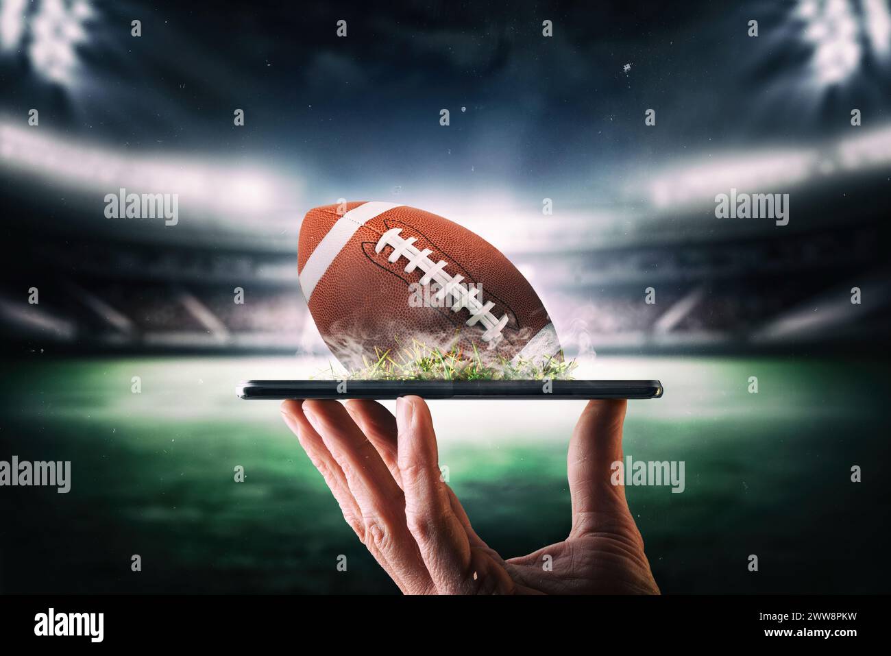 Concept of live online broadcast of football championship with hand ...