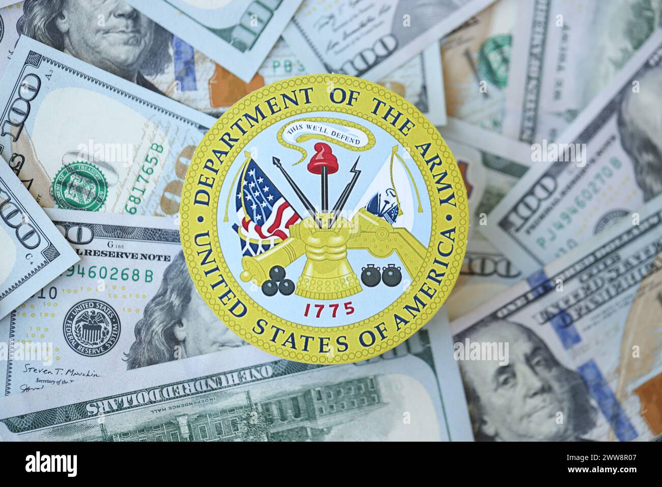 KYIV, UKRAINE - MARCH 9, 2024 US Department of Army seal on many US ...