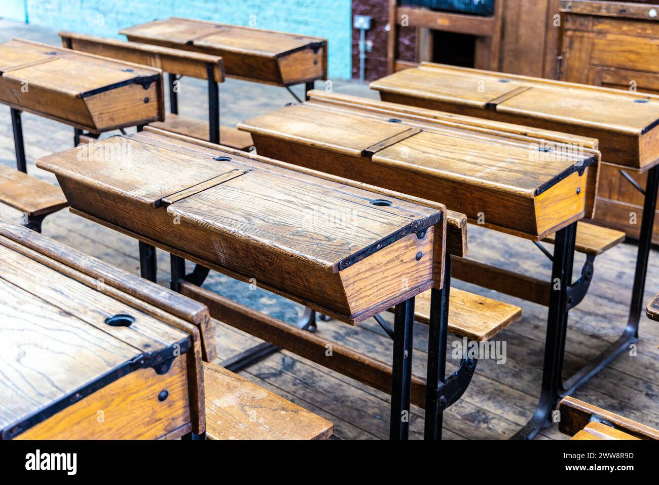 Victorian era school classroom inside the Ragged School Museum, East ...