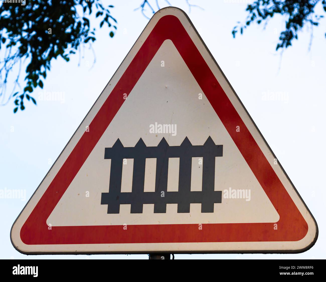 Dutch road sign: level crossing with barrier or gates ahead Stock Photo ...