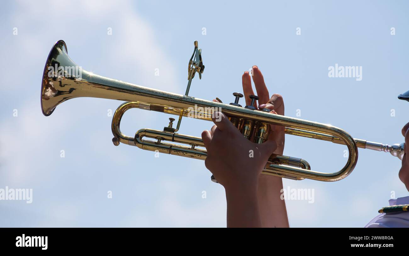 playing a brass instrument. military band performs at the festival ...