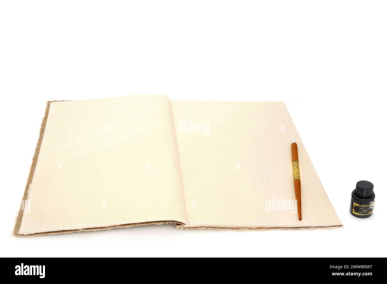 Hemp notebook with retro pen on white background. Old fashioned ...