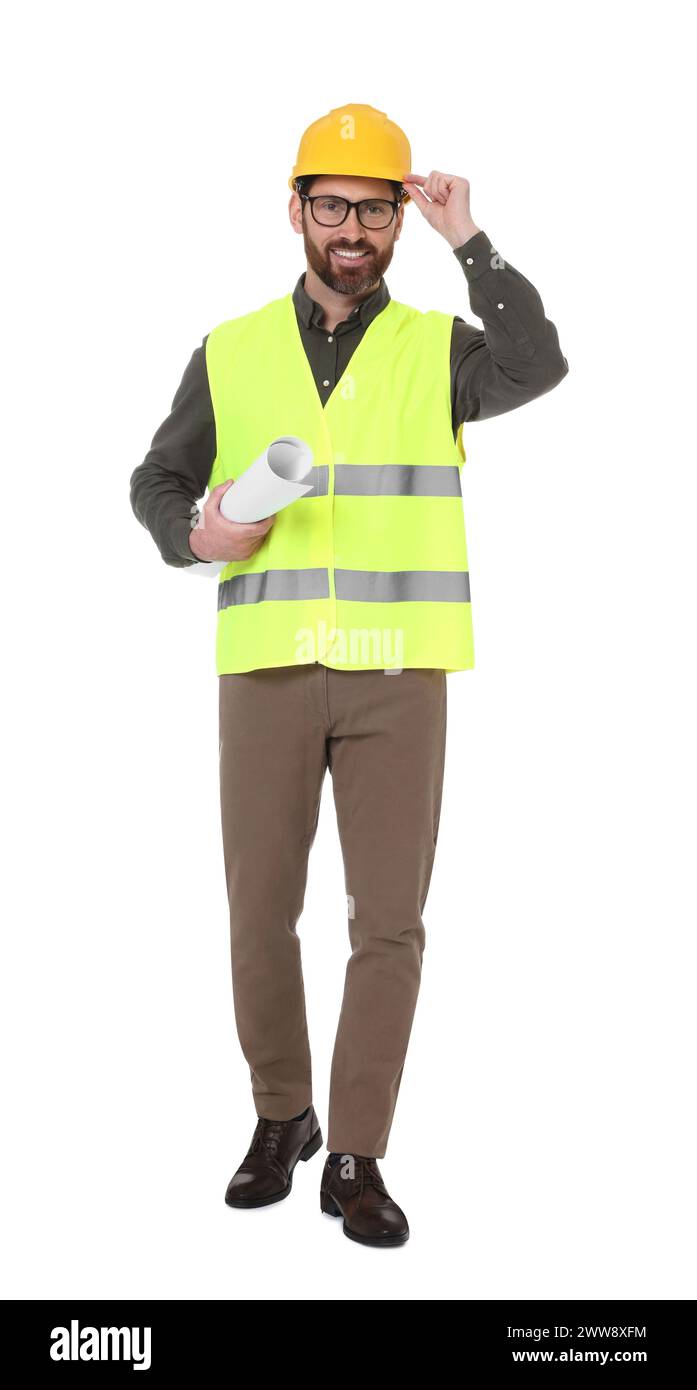 Architect in hard hat with draft on white background Stock Photo - Alamy