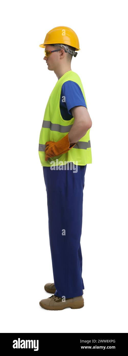 Young man wearing safety equipment on white background Stock Photo - Alamy