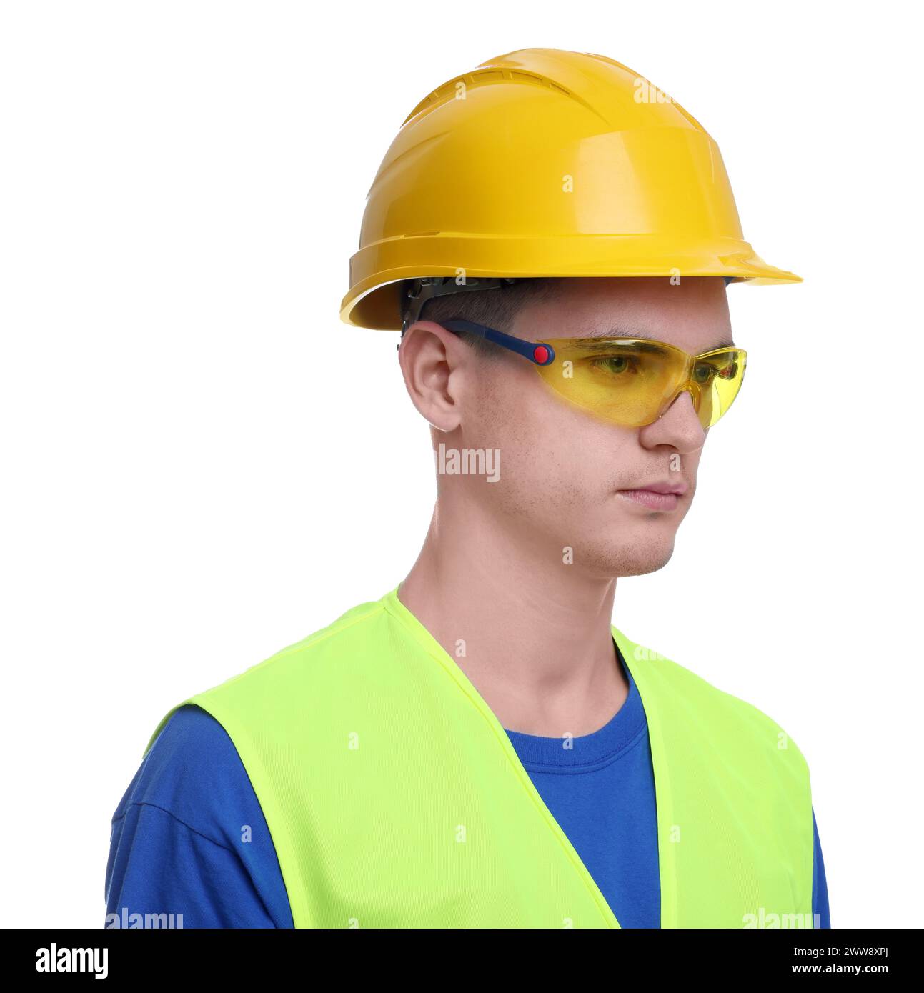 Young man wearing safety equipment on white background Stock Photo - Alamy