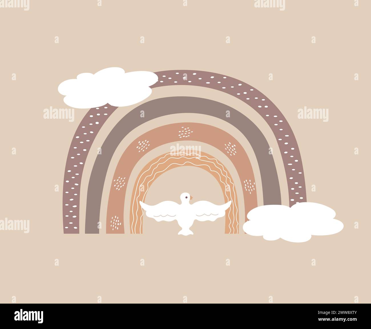 Hand drawn rainbow decorated with dove and clouds. Scandinavian rainbow ...