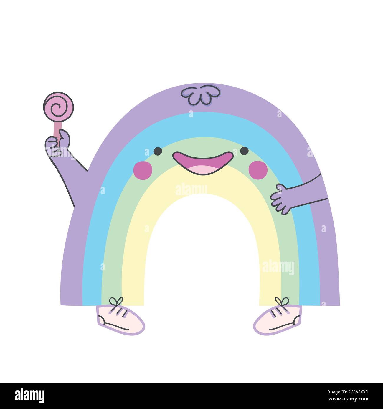 Cute hand drawn rainbow character with a lollipop. Cartoon childish ...