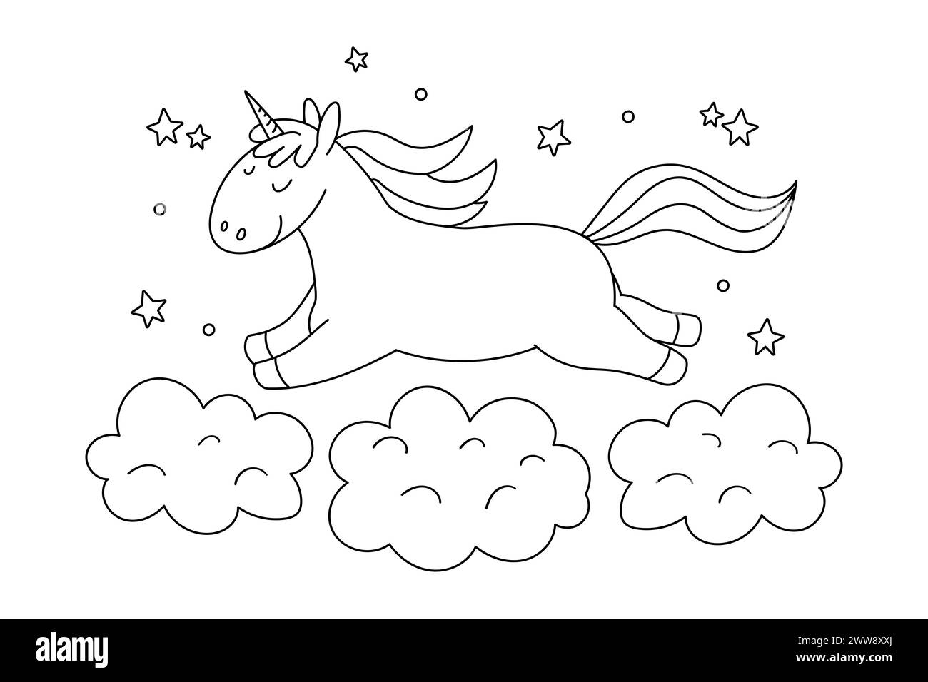 Hand drawn coloring page with a unicorn flying in clouds. Vector ...