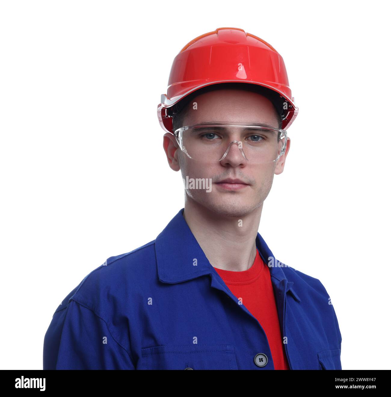 Young man wearing safety equipment on white background Stock Photo - Alamy