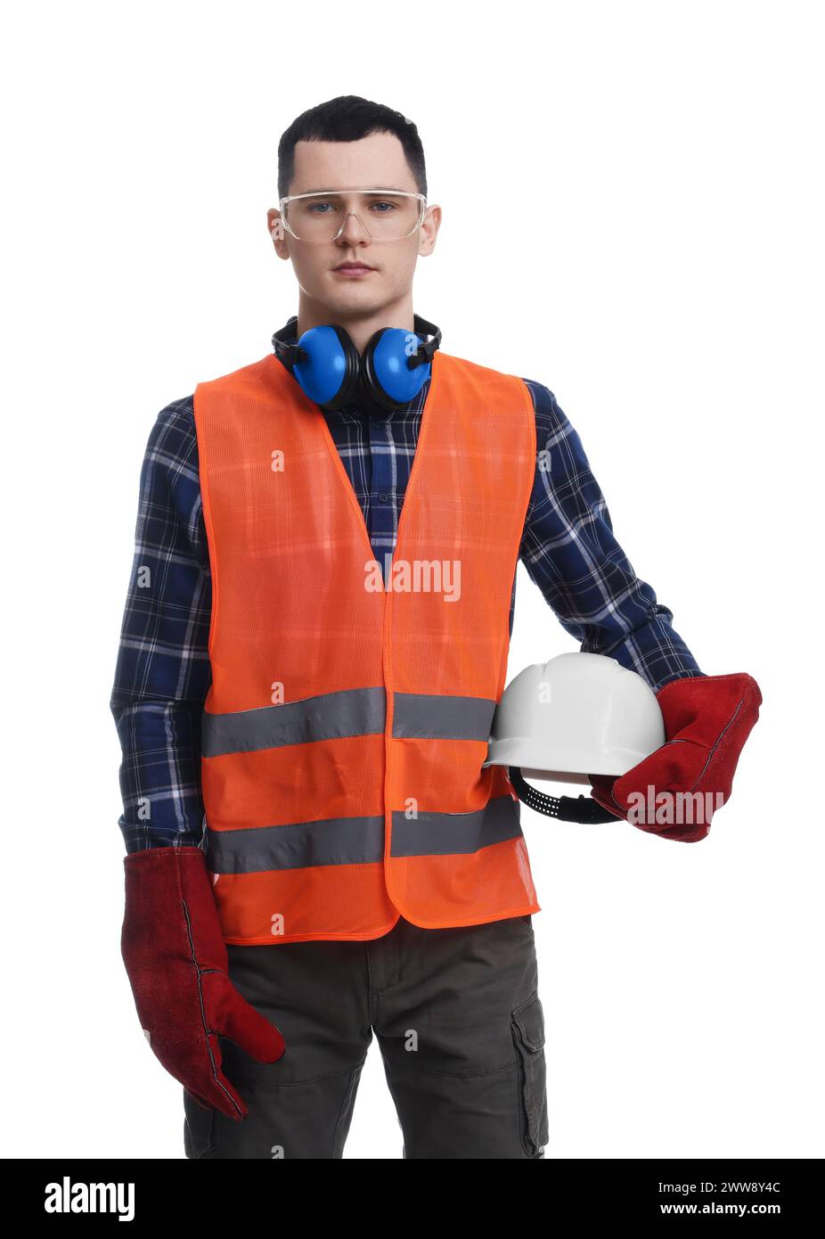 Young man wearing safety equipment on white background Stock Photo - Alamy